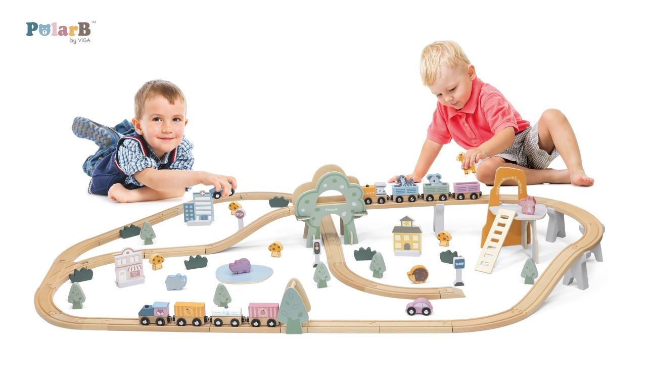 Viga Toys - Wooden Train Set (92 pcs) - Wooden World